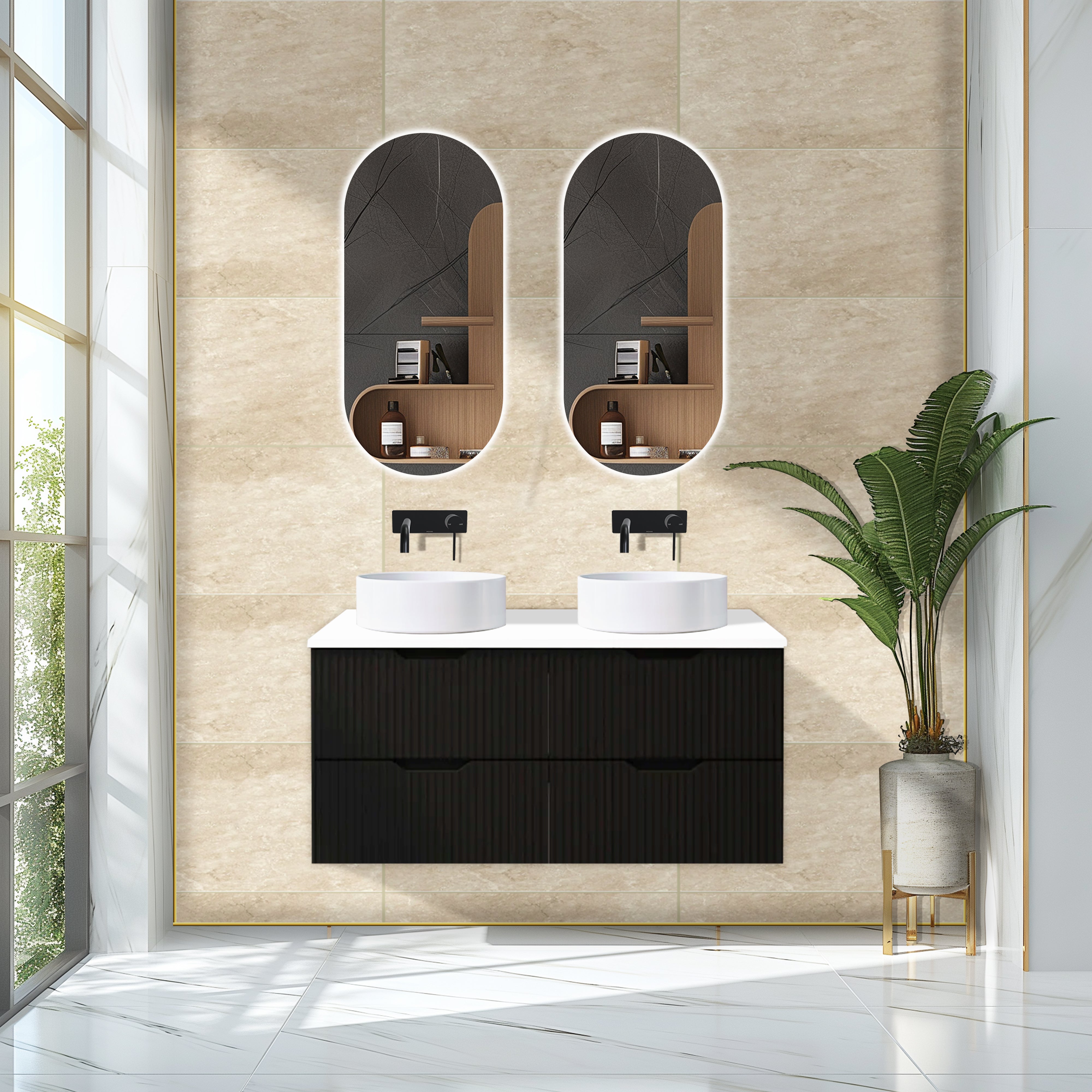 RIVA BALI MATTE BLACK 1200MM DOUBLE BOWL WALL HUNG VANITY | Austpek Bathrooms