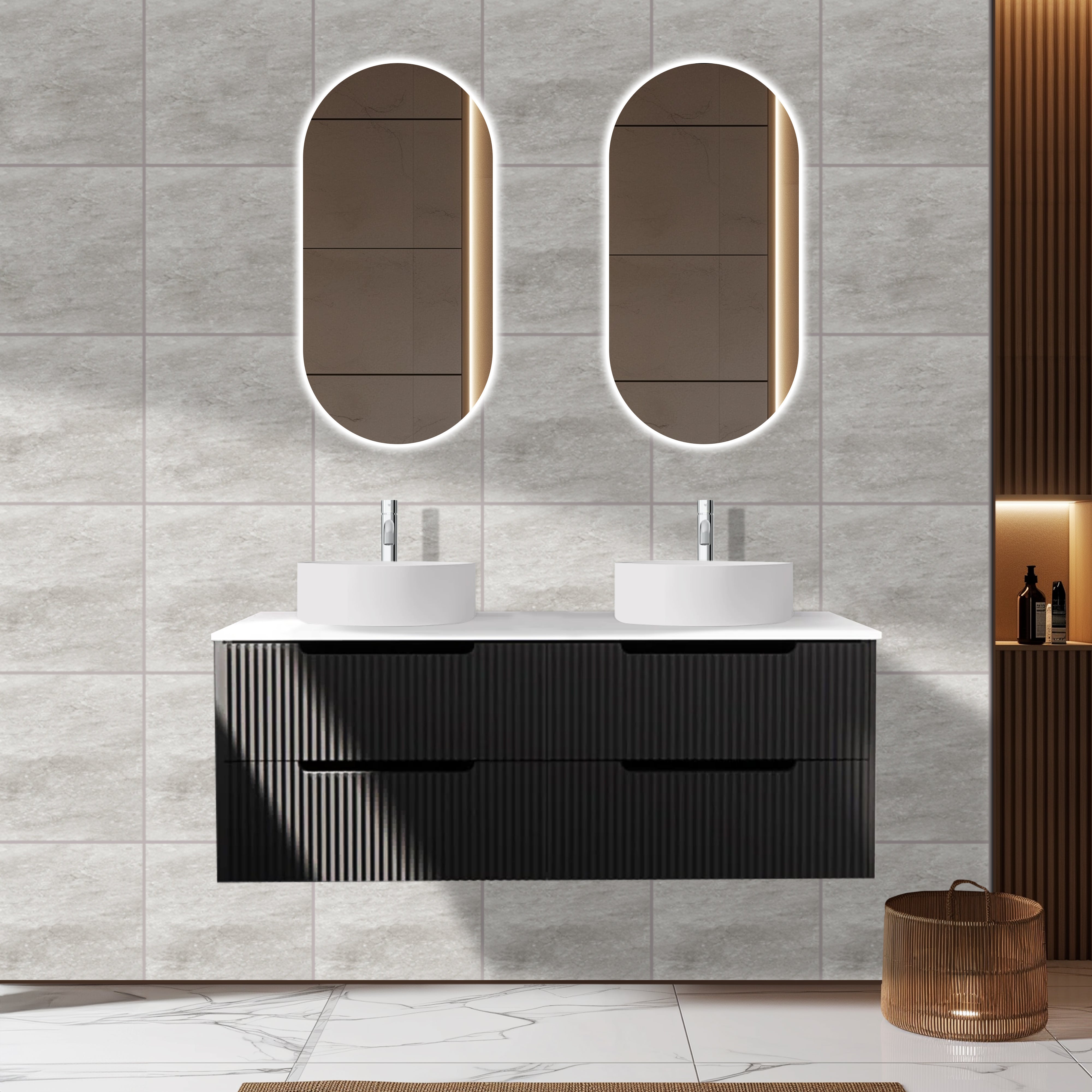 RIVA BALI MATTE BLACK 1500MM DOUBLE BOWL WALL HUNG VANITY | Austpek Bathrooms