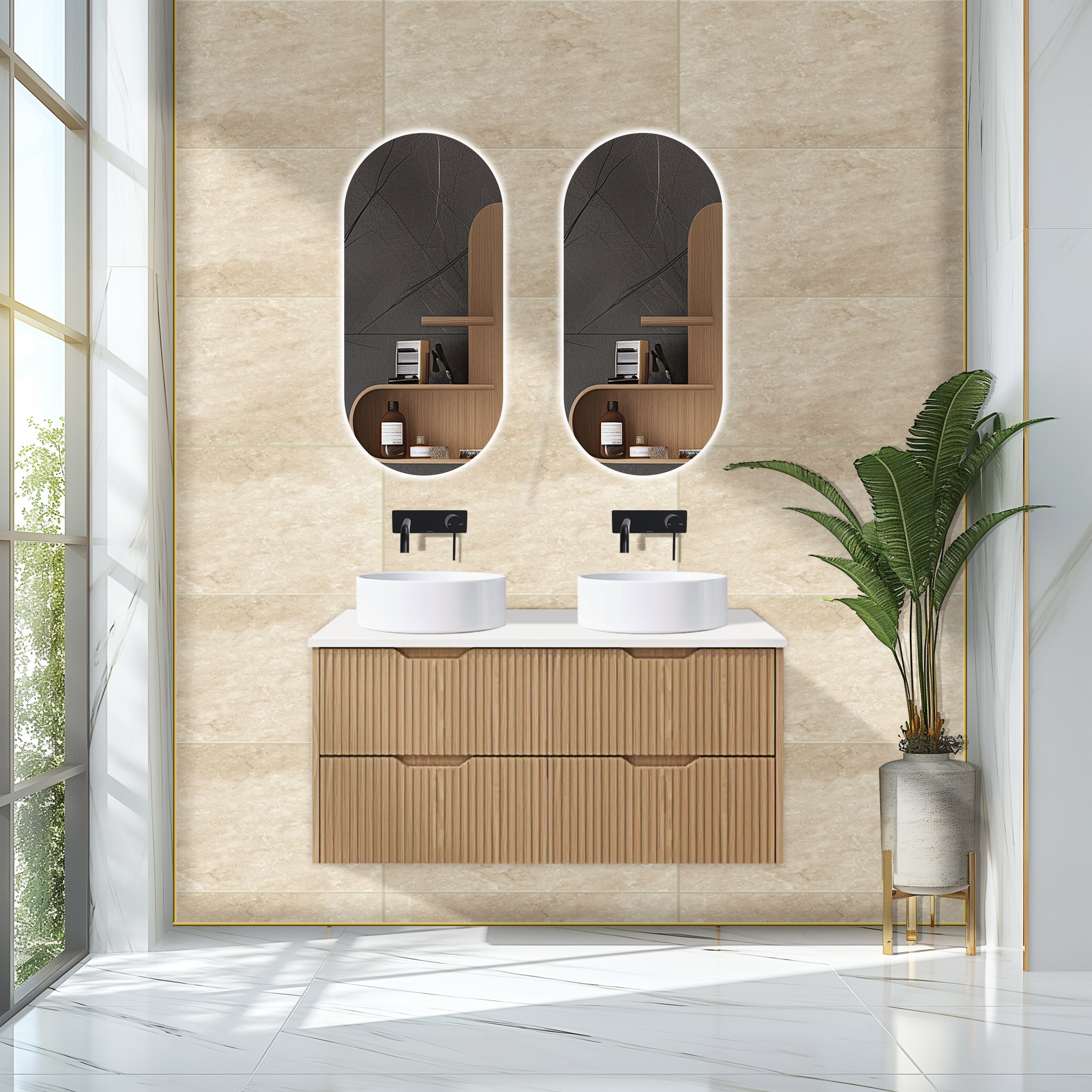 RIVA BALI AMERICAN OAK 1200MM DOUBLE BOWL WALL HUNG VANITY | Austpek Bathrooms