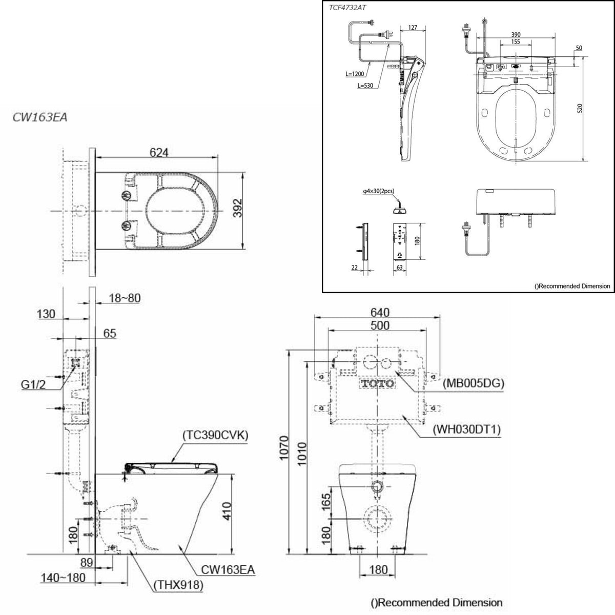 TOTO MH WALL FACED TOILET AND WASHLET W/ REMOTE CONTROL AND AUTOLID ...