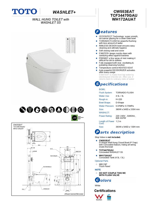 TOTO WALL HUNG RIMLESS TOILET AND S5 WASHLET W/ REMOTE CONTROL PACKAGE ...