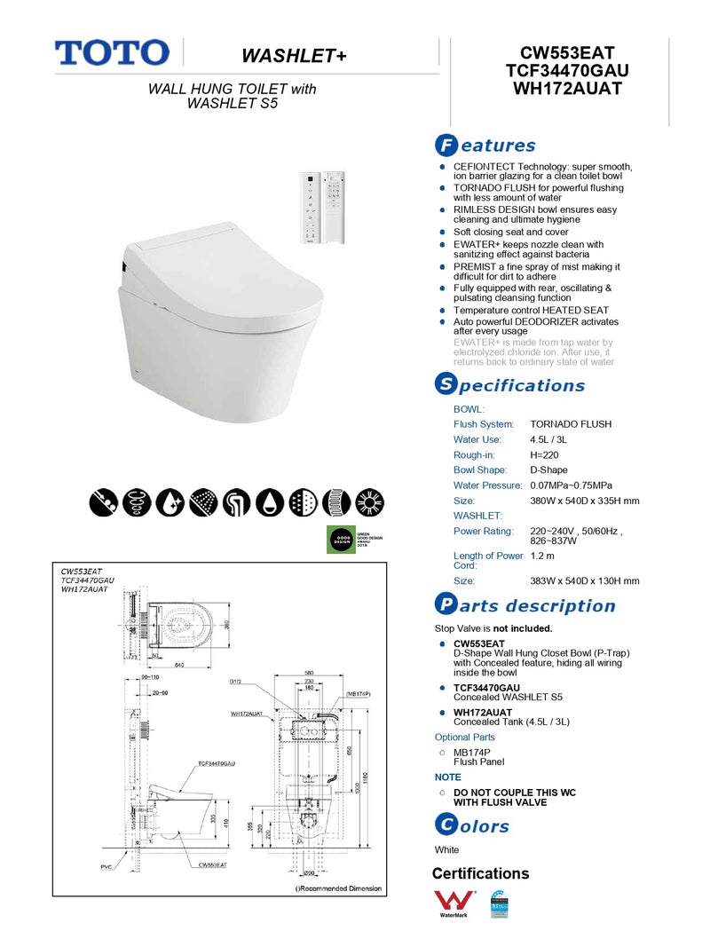 TOTO WALL HUNG RIMLESS TOILET AND S5 WASHLET W/ REMOTE CONTROL PACKAGE ...