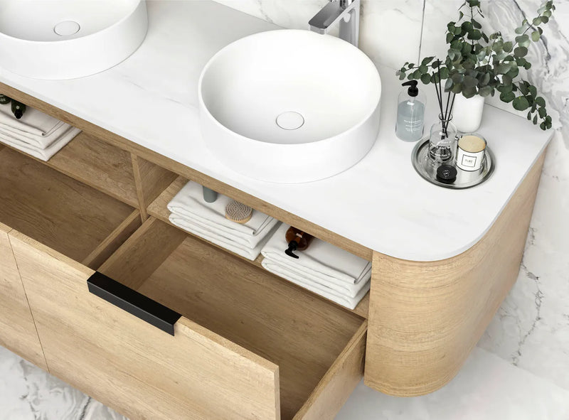 OTTI BONDI NATURAL OAK 1500MM CURVE DOUBLE BOWL WALL HUNG VANITY | Austpek Bathrooms